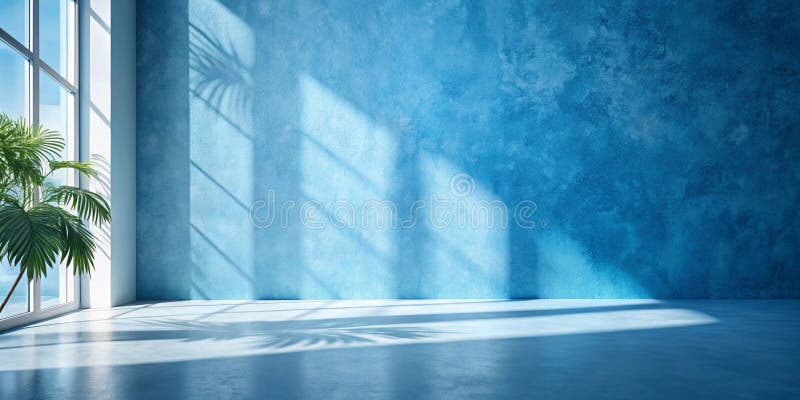 Empty Blue Studio with Palm Leaf Shadows for Product Display Stock ...