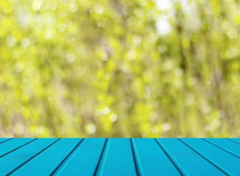 Empty Blue Table on Spring Blurred Background. Stock Image - Image of ...