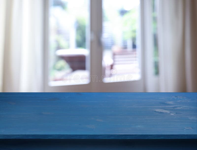 Empty Blue Wooden Table Near Window with Curtains. Space for Design ...
