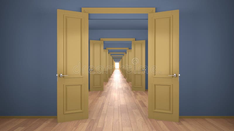 Endless Doors In Vintage Old Ruined Building With Damaged Plaster Walls ...