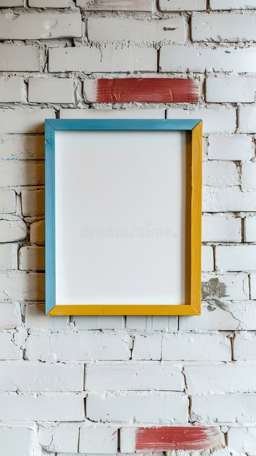 Empty Blue and Yellow Frame on White Brick Wall, Rustic Decor Concept ...
