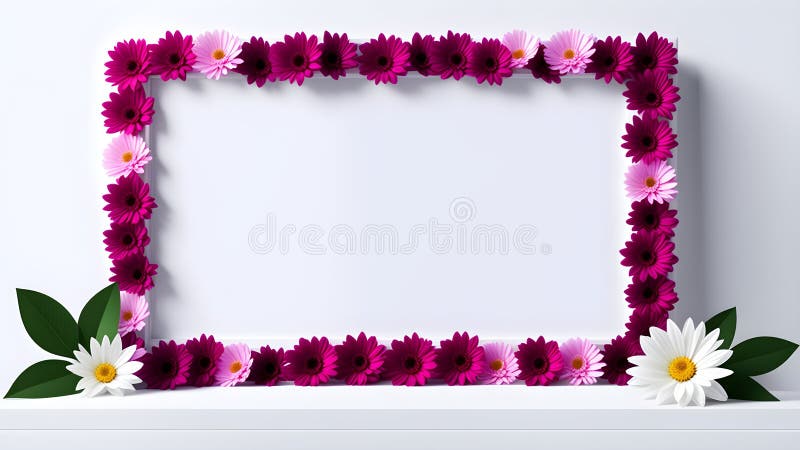 Empty Board, Border, Freame Surrounded by Pink Bright Flowers. Backdrop ...
