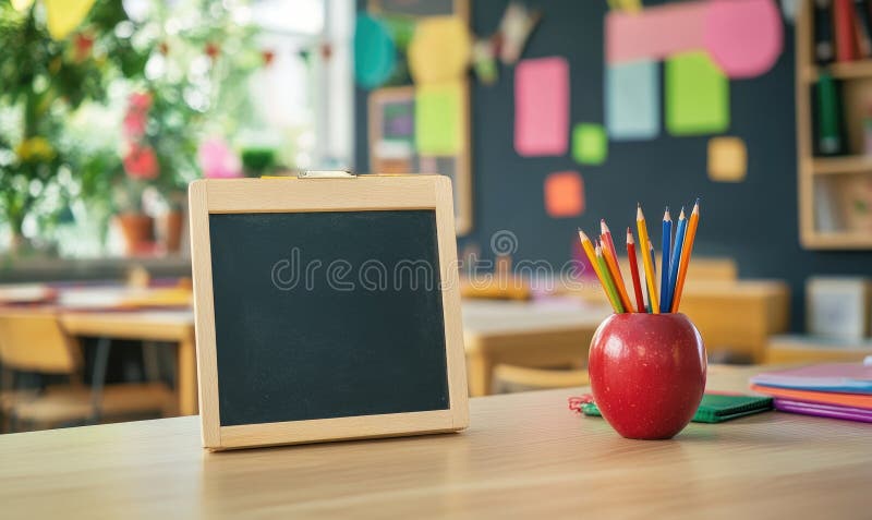 Empty Board on a Countertop, Surrounded by School-themed Decorations ...