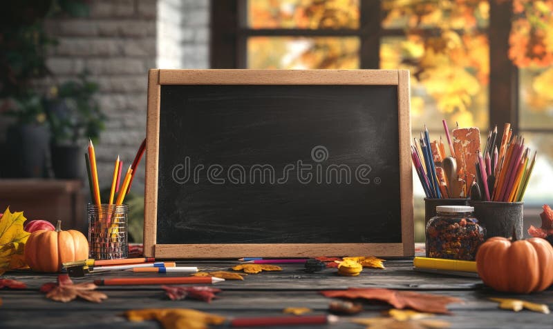 Empty Board on a Countertop, Surrounded by School-themed Decorations ...