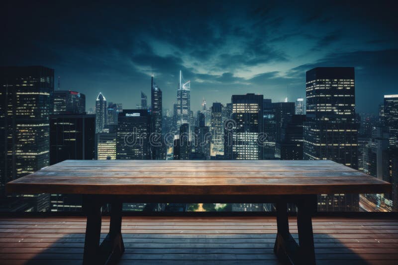 Empty Board Table on Office Terrace Overlooking Impressive Night View ...