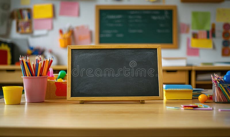 Empty Board on a Table, School Supplies and Decorations Around Stock ...