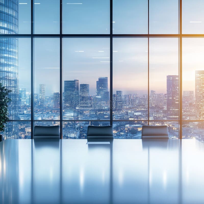 Empty Boardroom, Panoramic City Skyline View at Sunset, Office Interior ...