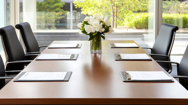 Empty Boardroom Table with Documents and Flowers Suggesting an ...