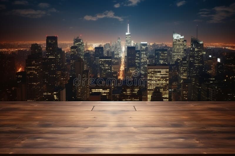 Empty Boardroom Table on Office Terrace with Stunning Night View of Big ...