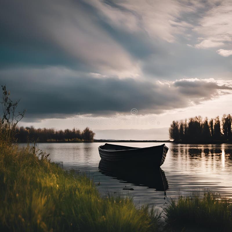 An Empty Boat Sits on a Lake Surrounded by Tall Grass Stock ...