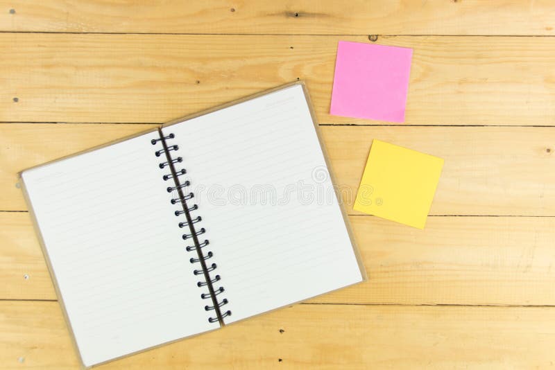 Empty Book and Post-it on Wood Table Stock Photo - Image of note ...
