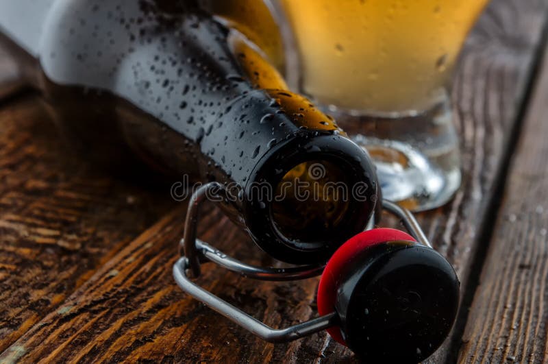 Empty Bottle with Glass Beer on Wood Table Stock Photo - Image of cool ...