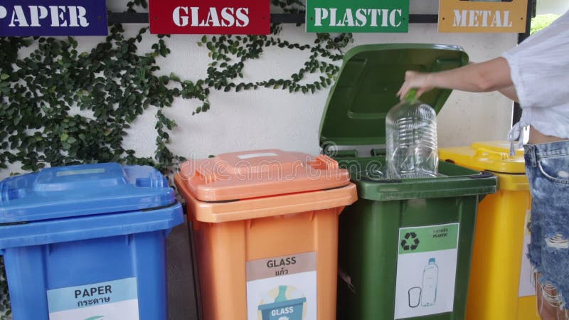 Empty Bottle. Plastic Garbage Bin Trash Container. Hand Bottle into ...