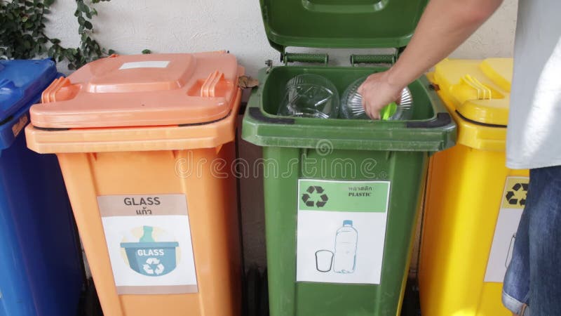 Empty Bottle. Plastic Garbage Bin Trash Container. Hand Bottle into ...