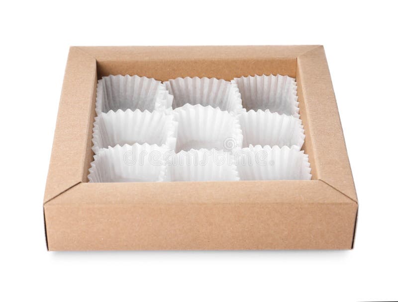 Empty Box of Chocolate Sweets with Candy Paper Cups Isolated on White ...
