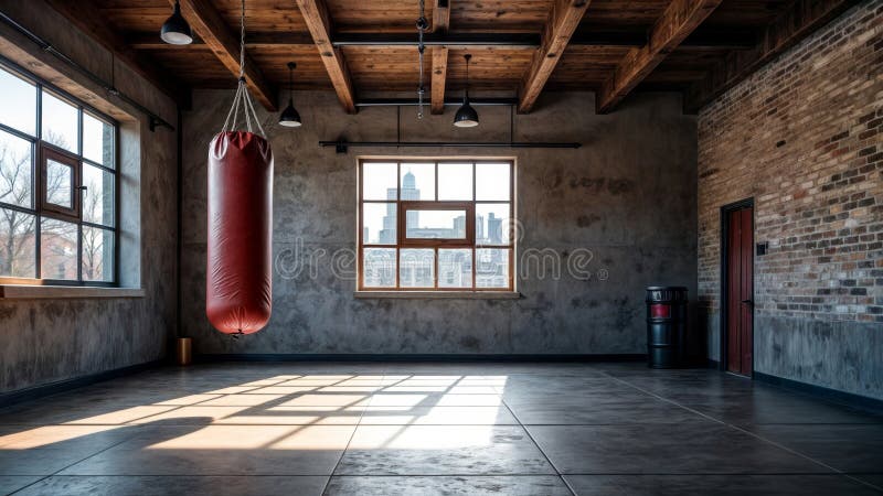 Interior of a Boxing Gym with a Red Punching Bag Hanging from the ...