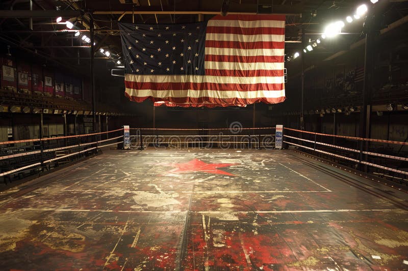 Empty Boxing Ring with American Flag Hanging in Gym Stock Image - Image ...