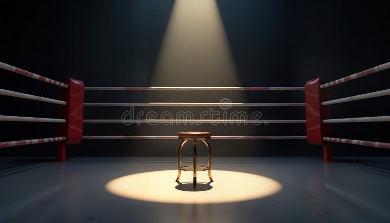 Empty Boxing Ring Arena. Spotlight Illuminates Single Stool in Center ...