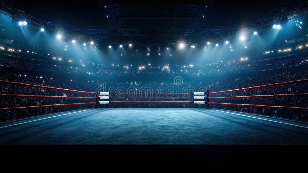 Empty Boxing Ring Bathed in Blue Light, Surrounded by a Cheering Crowd ...