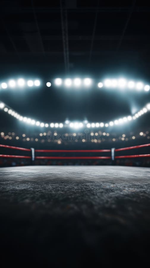 Empty Boxing Ring Bathed in Bright Lights, with Blurred Stadium Crowd ...