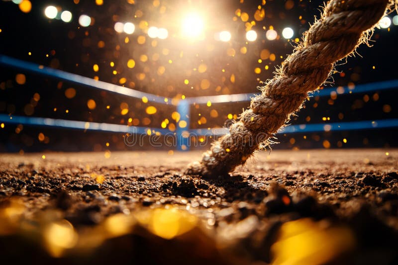 Empty Boxing Ring is Captured from Low Angle Emphasizing Worn Canvas ...