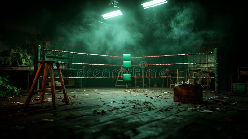 Empty Boxing Ring Captures Aftermath of Recent Match. Ropes Sag ...
