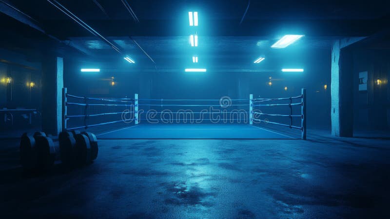 Empty Boxing Ring in a Dark Underground Gym Stock Illustration ...