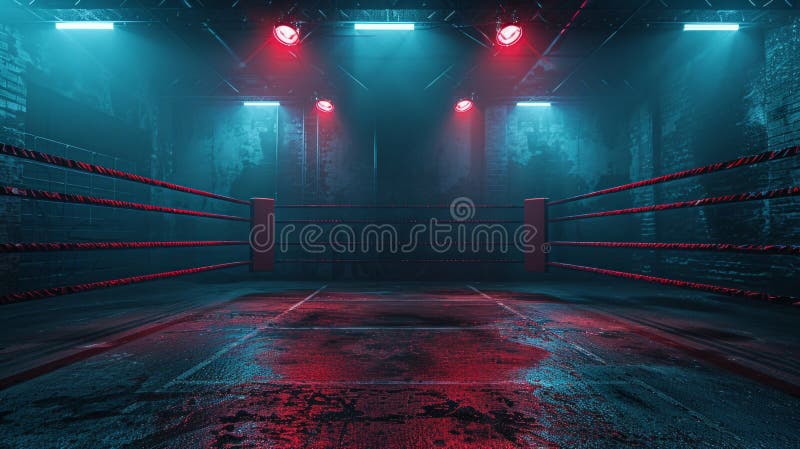Empty Boxing Ring in a Dimly Lit Loft, Illuminated by Red and Blue ...