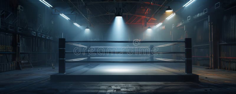 Empty Boxing Ring in Dimly Lit Warehouse, Atmospheric Setting. Sports ...