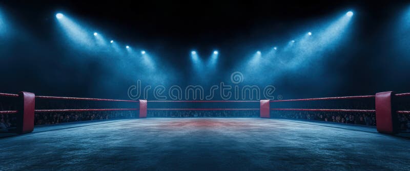 Empty Boxing Ring Illuminated by Bright Spotlights, with Cheering Crowd ...