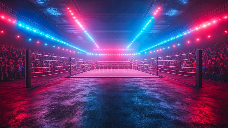 An Empty Boxing Ring Illuminated by Colorful Lights, with a Packed ...
