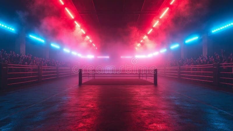 An Empty Boxing Ring Illuminated by Colorful Lights, with a Packed ...