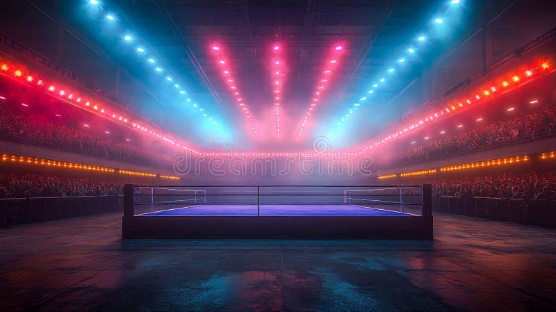 An Empty Boxing Ring Illuminated by Colorful Lights, with a Packed ...