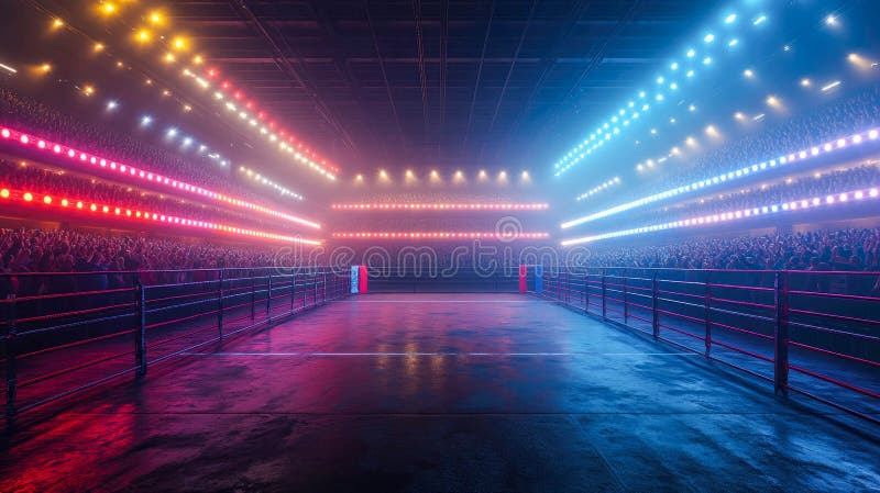 An Empty Boxing Ring Illuminated by Colorful Lights, with a Packed ...