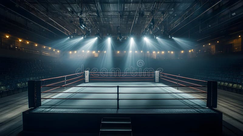 Empty Boxing Ring Illuminated by Overhead Lights in a Large Arena, Set ...