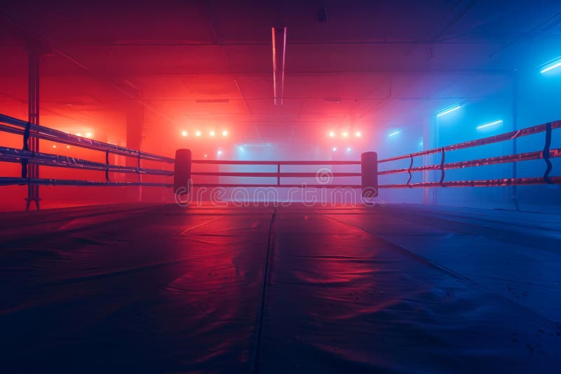 Empty Boxing Ring Illuminated by Red and Blue Lights Stock Illustration ...
