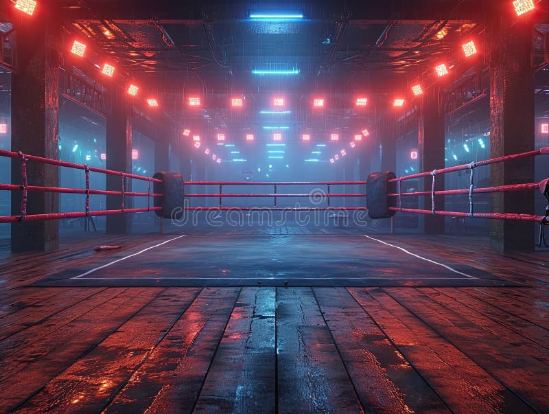Empty Boxing Ring with Red and Blue Lights. Generative AI. Stock Image ...