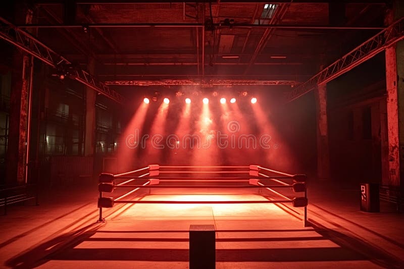 Empty Boxing Ring Illuminated by Red Spotlights in a Dark Industrial ...