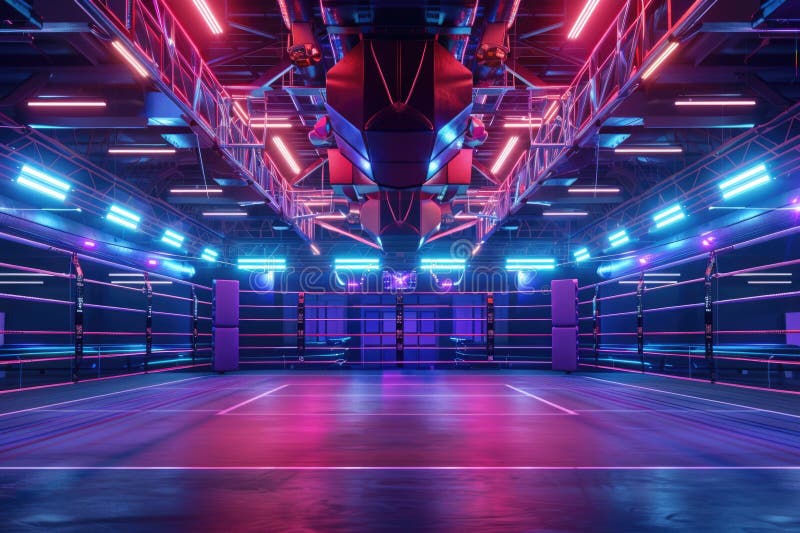 Empty Boxing Ring with Neon Lights Illuminating the Scene Stock Image ...