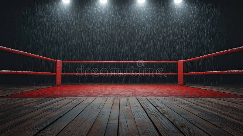 Empty Boxing Ring in the Rain Dramatic Lighting Red Canvas Wooden Floor ...