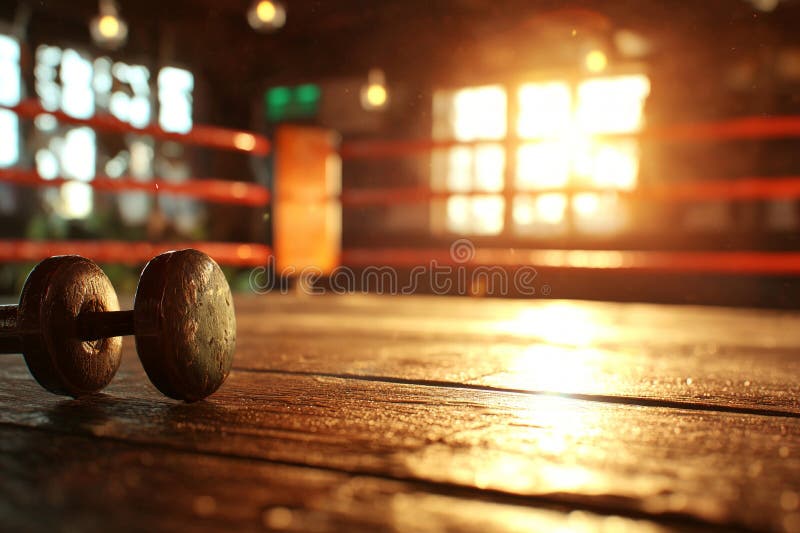 Empty Boxing Ring Sits in Gym Bell and Timer on Table Nearby. Warm ...