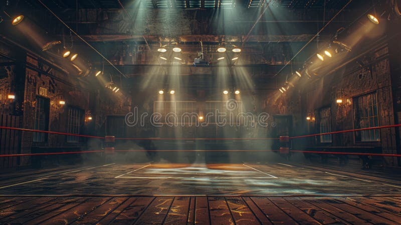 Empty Boxing Ring Sits Under the Dramatic Lighting of an Old Loft ...