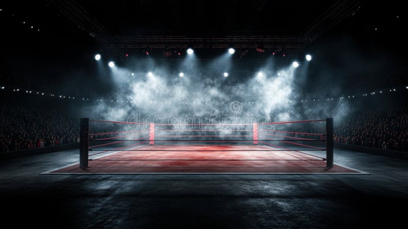 Empty Dark Ice Hockey Rink with with Visible Scratches, Bright Lights ...