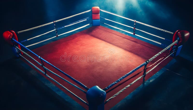 Empty Boxing Ring from Top View. Red Canvas Mat, Blue and White Ropes ...