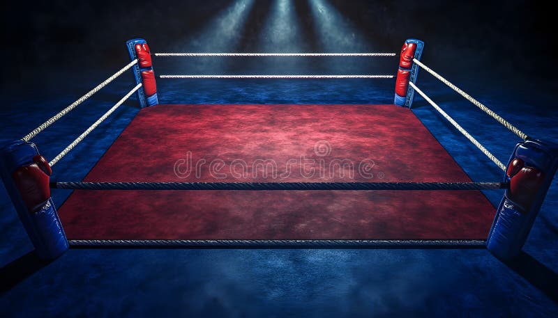Empty Boxing Ring from Top View. Red Canvas Mat, Blue and White Ropes ...