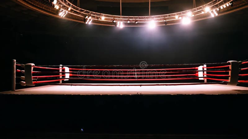 Empty Boxing Ring Under Bright Spotlights in Dark Arena Stock Footage ...