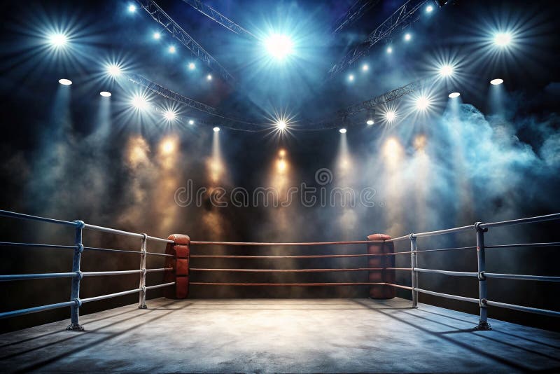 Empty Boxing Ring Under Bright Stage Lights and Smoke Stock ...