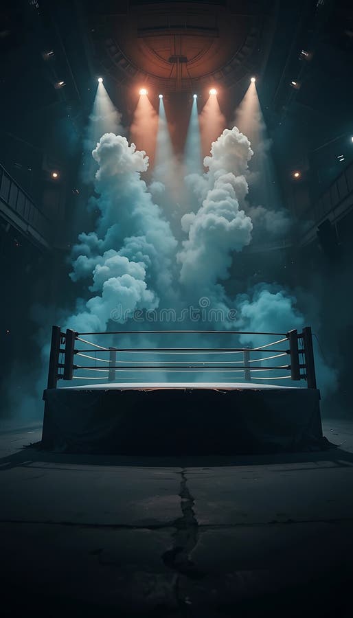 Empty Boxing Ring Under Dramatic Lights with Smoke Ready for Action ...