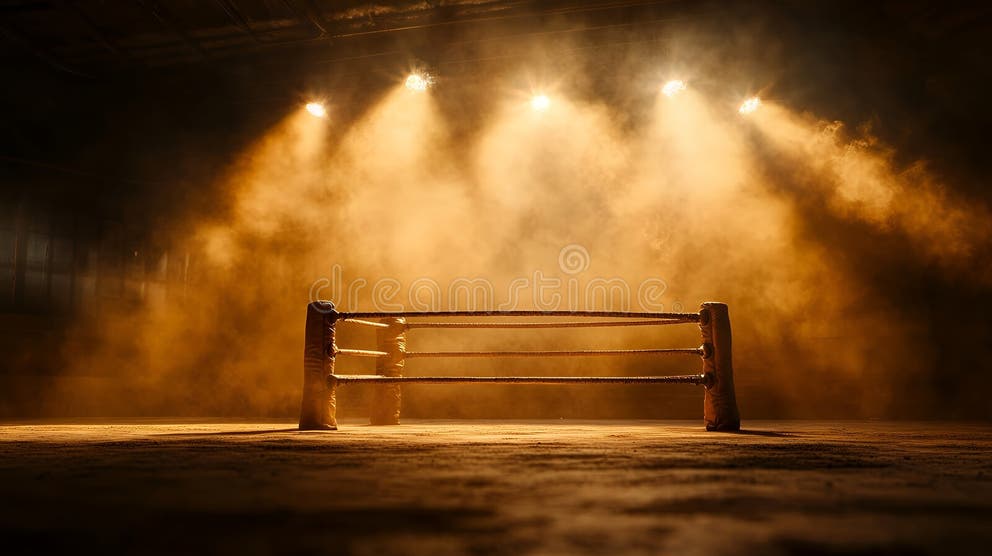 Empty Boxing Ring Under Dramatic Stage Lighting and Smoky Atmosphere ...
