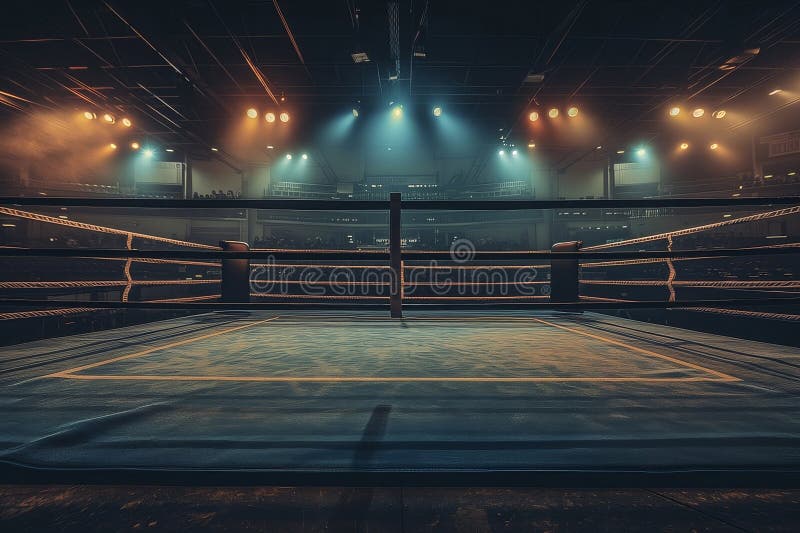 Empty Boxing Ring Under Spotlights with Empty Auditorium Seats Around ...